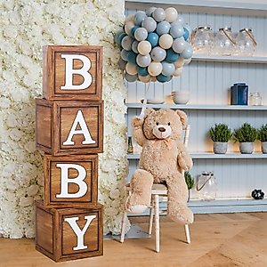 Baby Shower Boxes for Birthday Decorations – 4 Wood Grain Brown BABY Balloon Boxes, Baby Boxes for First Birthday Centerpiece Decor, Teddy Bear Baby Shower Supplies, Gender Reveal Backdrop