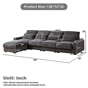 BUIORD 128" Oversized Modular Corduroy Sofa,L-Shaped Upholstered Sofa with Ottoman&Cup Holders,4-Seater Convertible Sofa with Charge Port&Waist Pillows&Back Cushion for Living Room (Grey)