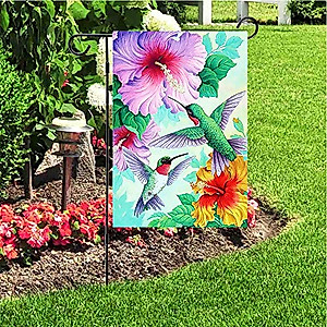 Spring Hummingbirds Hibiscus Flowers Summer Welcome Double Sided Garden Yard Flag 12" x 18", Hello Spring Summer Birds Tropical Flowers Lily Floral Decorative Garden Flag Banner for Outdoor Home