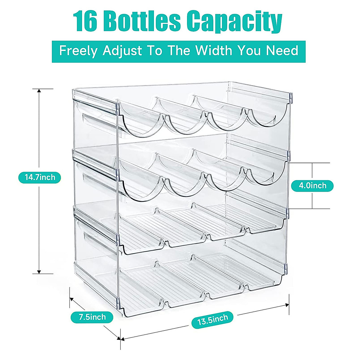 JUJOJB Water Bottle Organizer,16 Bottles Stackable Plastic Clear Water Bottle Cup Holder, Wine Racks for Kitchen Pantry Organization and Storage,Drink/Bottle Storage Stand for Cabinet, Refrigerator