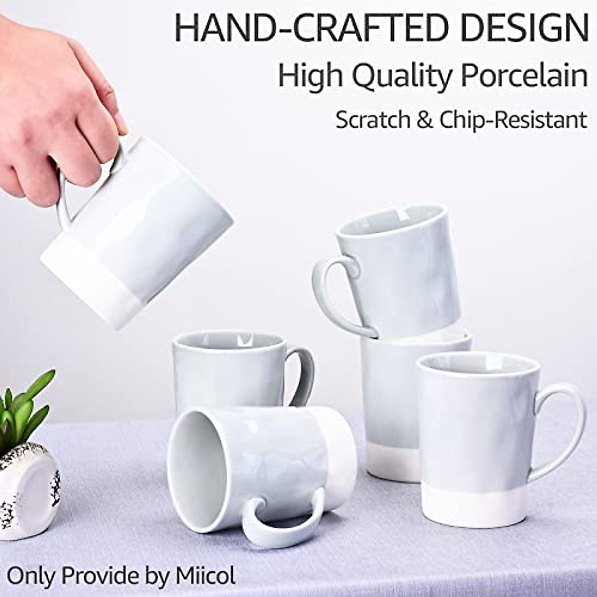 Miicol Porcelain Coffee Mugs Set of 6-15 Oz Large Ceramic Flat Bottom Cups for Latte, Tea, Cocoa - Modern Rustic Handmade Look, Neutral Grey