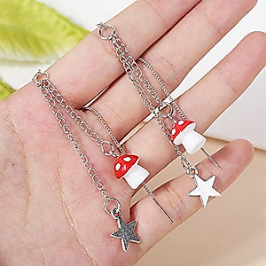 Star Moon Mushroom Necklace Earrings Set,Simulation Acrylic Red Mushroom Drop Earrings for Girls,Long Tassel Mushroom Shape Dangle Earrings for Women (4pair)
