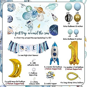 First Trip Around The Sun Birthday Party Decoration, Outer Space 1st Birthday Backdrop One Highchair Banner Cake Topper Dusty Blue Balloons Arch Kit Moon Number 1 Rocket Foil Balloon