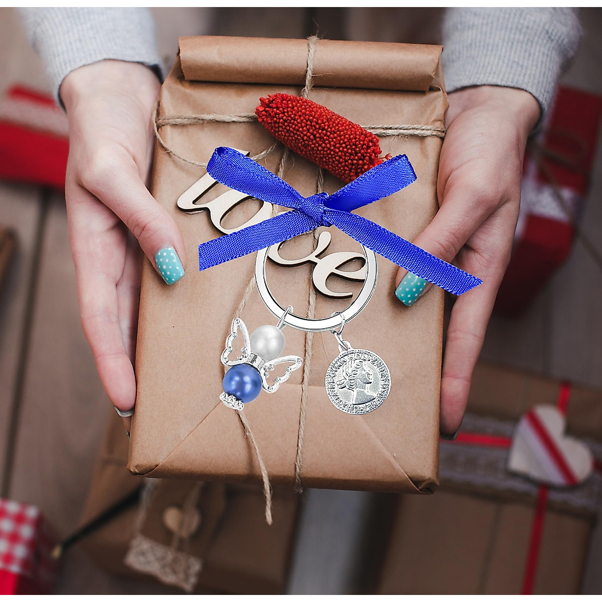 MKISHINE Something Blue for Bride to Be on Wedding Gifts Bridal Angel Bouquet from Mom Dad Grandma Sister Friends, Bride's Old Sixpence Coin with Wedding Card for Bride, a Sixpence for Her Shoe