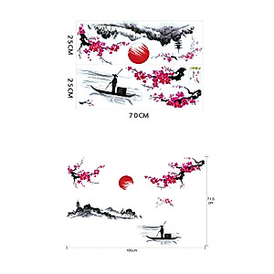 2 Sheets Japanese Style Splash Ink Landscape Painting Wall Sticker Red Cherry Blossom Wall Decals Removable Peel and Stick Mountain River Fisherman Mural for Bedroom Living Room TV Home Decor