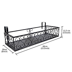 Mairuker Balcony Railing Shelf Flower Pot Stand Rack, 23.5 Inches Iron Hanging Flower Rack Basket Shelf with Hooks for Outdoor Garden Balcony Fence Patio (Black)
