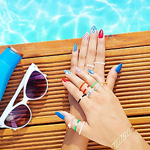 Hicarer 40 Pieces Flower Beads Rings Rainbow Colorful Rice Bead Rings Cute Handmade Smile Beaded Rings Colorful Jewelry Rings for Women