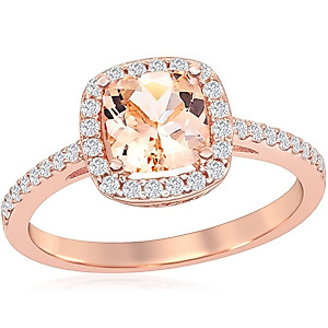 Beaux Bijoux Simulated Morganite Engagement Ring for Women | Sterling Silver Rose Gold Plated Morganite CZ Diamond Halo Ring | Square Princess Shaped Center Stone | Rose Gold Ring (Size 7)