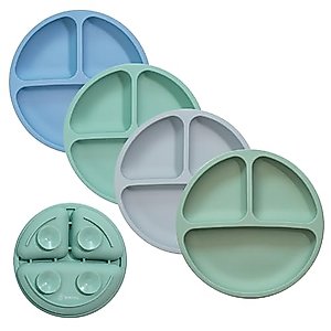 Telebaby Suction Plates for Babies & Toddlers | 100% Silicone with Divided Design | Suction Feature Keeps Plates in Place | Dishwasher & Microwave Safe | 4 Pack