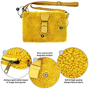 Me Plus Women Fashion Soft Sherpa Fleece Faux Leather Handbag Purse Shoulder Bag Adjustable Strap (Sherpa Fleece - Mustard)