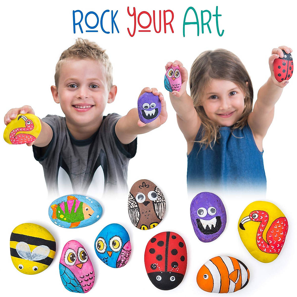 Kipipol Rock Painting Kit for Kids - DIY Arts and Crafts kit for Girls, Boys Ages 3, 4, 5, 6-12 - Kid Rock Art w/10 Rocks for Painting, 12 Acrylic Paints, 2 Brushes, 15 Googly Eyes, 2 Transfer Sheets