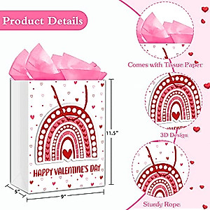 FaCraft Happy Valentines Day Gift Bag with Handle Large Rainbow Valentines Gift Bag with Tissue Paper,Love Heart Romantic Valentines Gift Bags for Her Him Men Girlfriend Boyfriend Husband Wife
