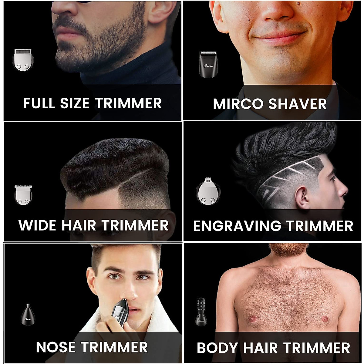 Chrome Hair Clippers & Beard Trimmer for Men, Waterproof Body All in 1 Multi-Grooming Kit, Cordless Hair Trimmer, Mustache, Nose & Ear Shaver, USB Rechargeable & LED Display