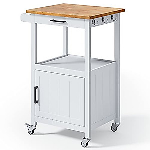 Qsun Rolling Kitchen Island Cart with Drawer, Storage on Wheels, Small Home Coffee Bar, Microwaves Stand, Table/Cabinet and Side Hook, White
