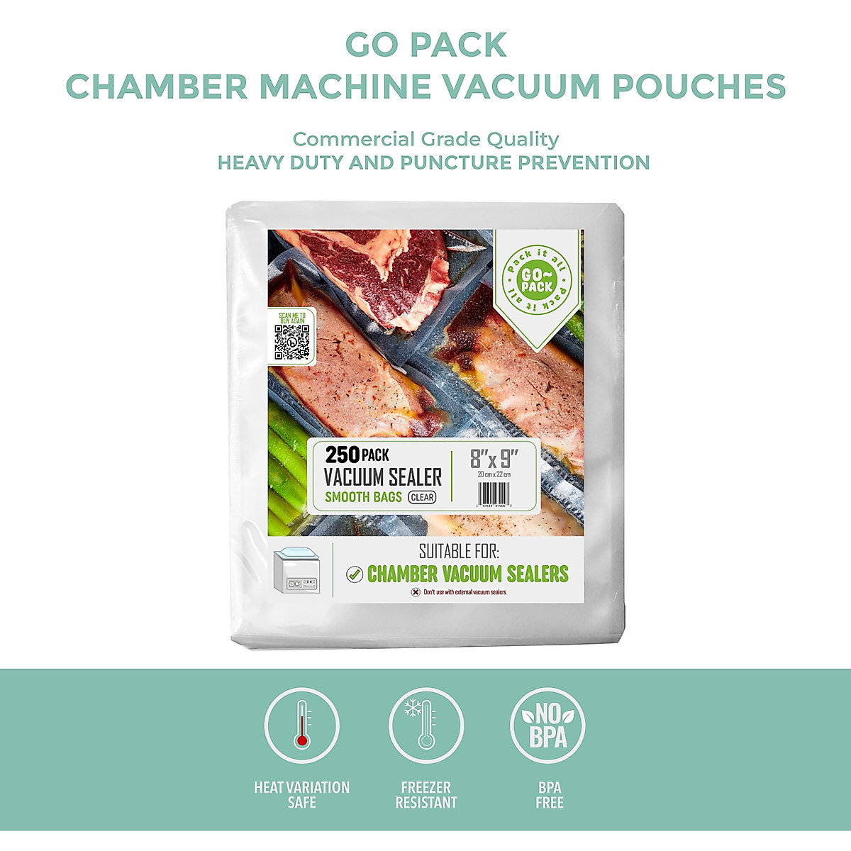 Chamber Machine Pouches, Pre-Cut Chamber Vacuum Sealer Bags, Heavy Duty Seal Pouch, BPA-Free Chamber Sealer, 8x9", Pack of 250 Vacuum Chamber Pouches, COLOR: CLEAR