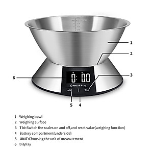CHILIZZLE Food Scale with 304 Stainless Steel Bowl, Measures Liquids and Dray Ingredients, Digital Kitchen Weight Scale for Cooking or Baking