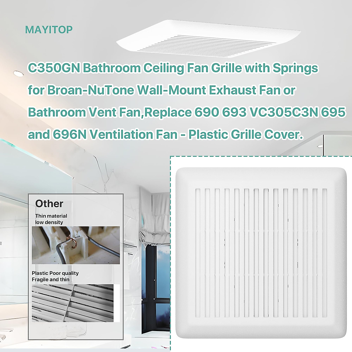 MAYITOP C350GN Bathroom Vent Cover With Springs Replacement Bathroom Ceiling Fan Grille Cover For Broan-NuTone C350GN Grille for NuTone 695 and 696N Ventilation Fan (White) 8.75" x 9.125"
