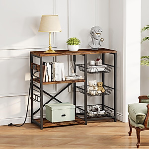 Homeiju Kitchen Island, Baker's Rack with Power Outlet, Microwave Stand, Coffee Bar with 3 Removable Wire Baskets, Kitchen Storage Rack with 6 S-Hooks for Spices, Pots and Pans - Rustic Brown