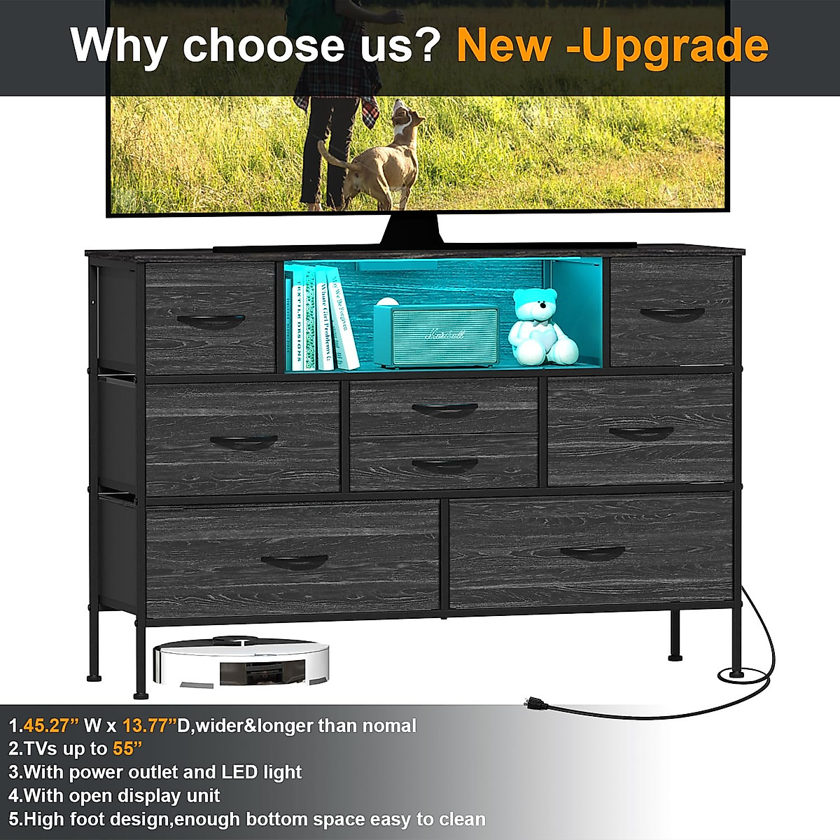 Simoretus Wide Dresser with Charging Station and LED Light for Bedroom 8 Fabric Drawers Chest of Drawers with Power Outlet Storage Open Shelf for Living Room TV Stand Closet Hallway (Charcoal Black)