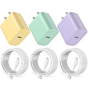 3 Pack USB C Charger, 20W PD USB C Wall Fast Charger Adapter with 3 Pack [MFi Certified] 6FT Type C to Lightning Cable Compatible with iPhone 14 13 12 11 Pro Max XR XS X,iPad(Yellow+Purple+Green)