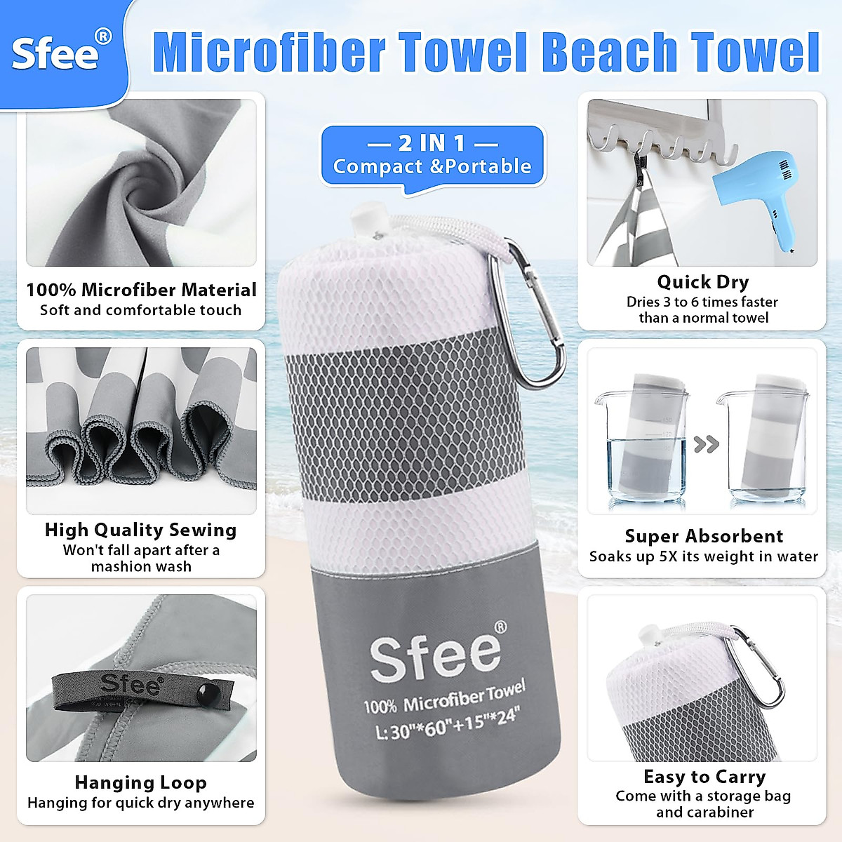 Sfee 2 in 1 Microfiber Beach Towel, Quick Dry Towel Camping Towel Travel Towel Super Absorbent Compact Lightweight Sports Towel Gym Towel Set for Beach, Gym, Hiking, Pool, Backpacking, Bath, Yoga