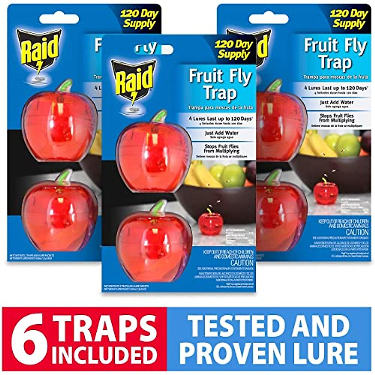 Raid Fruit Fly Trap Bundle, Set of 3 2-Pack Apple Fruit Fly Catcher Indoor Trap, 360-Day Supply of Fruit Fly Traps for Kitchen & Dining Areas, Reusable Gnat Traps w/Food-Based Lure for Fruit Flies
