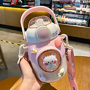 LEJN Kawaii Water Bottle with Adjustable Shoulder Strap Portable Leakproof BPA-free Cartoon Children Cup Capsule Bottle Traveling Hiking (Pink820ml)
