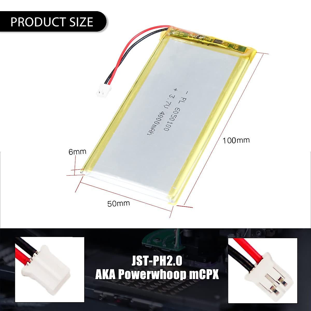 AKZYTUE 3.7V 4000mAh 6050100 Lipo battery Rechargeable Lithium Polymer Ion Battery Pack with PH2.0mm JST Connector