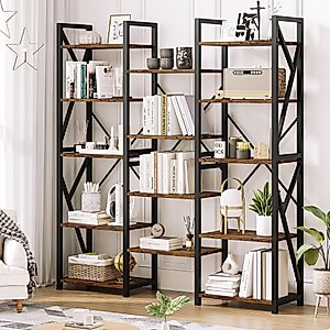 IDEALHOUSE Triple Wide 5 Tier Book shelf, Tall Bookshelf with Open Display Shelves, Industrial Large Bookshelves and Bookcases with Metal Frame for Living Room, Bedroom, Home Office-Rustic Brown