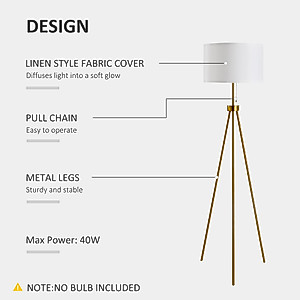 HOMCOM 59.75" Tripod Floor Lamp with Pull Chain Standing, Fabric Lampshade E26 Lamp Holder Steel for Living Room, Bedroom, Office, Gold