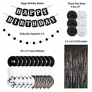 ANSOMO Black and White Happy Birthday Party Decorations, 30 Pcs Balloons Banner Foil Fringe Curtains, for Men Women