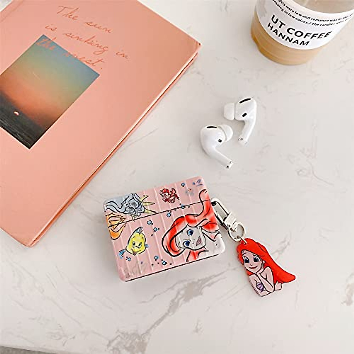 Pink Case with Charm Hook Keychain for Apple AirPods Pro 2019 Generation Ariel The Little Mermaid Fish Flounder Pink Disney Disneyland Cartoon Anime Cute Lovely Adorable Kids Girls Women