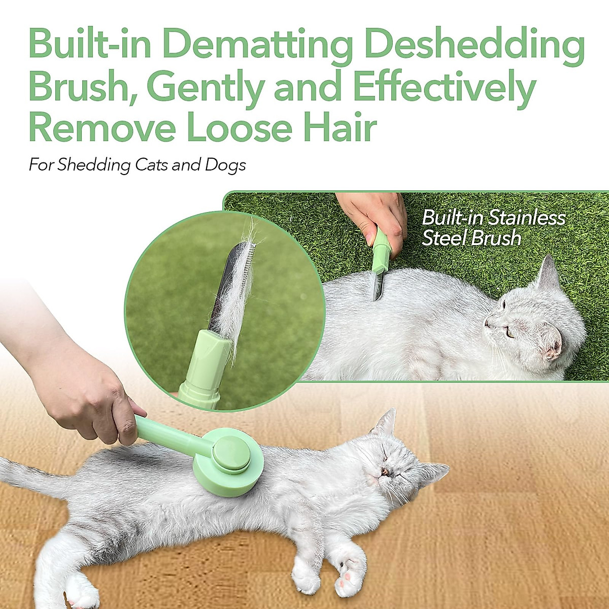 GooCare 2-in-1 Cat Brush for Shedding, with Detangler Comb, Self Cleaning Cat Comb Hair Brush for Indoor Cats, Dog Deshedding Brush Grooming Kit, Pet Supplies Hair Remover Tool (Green)