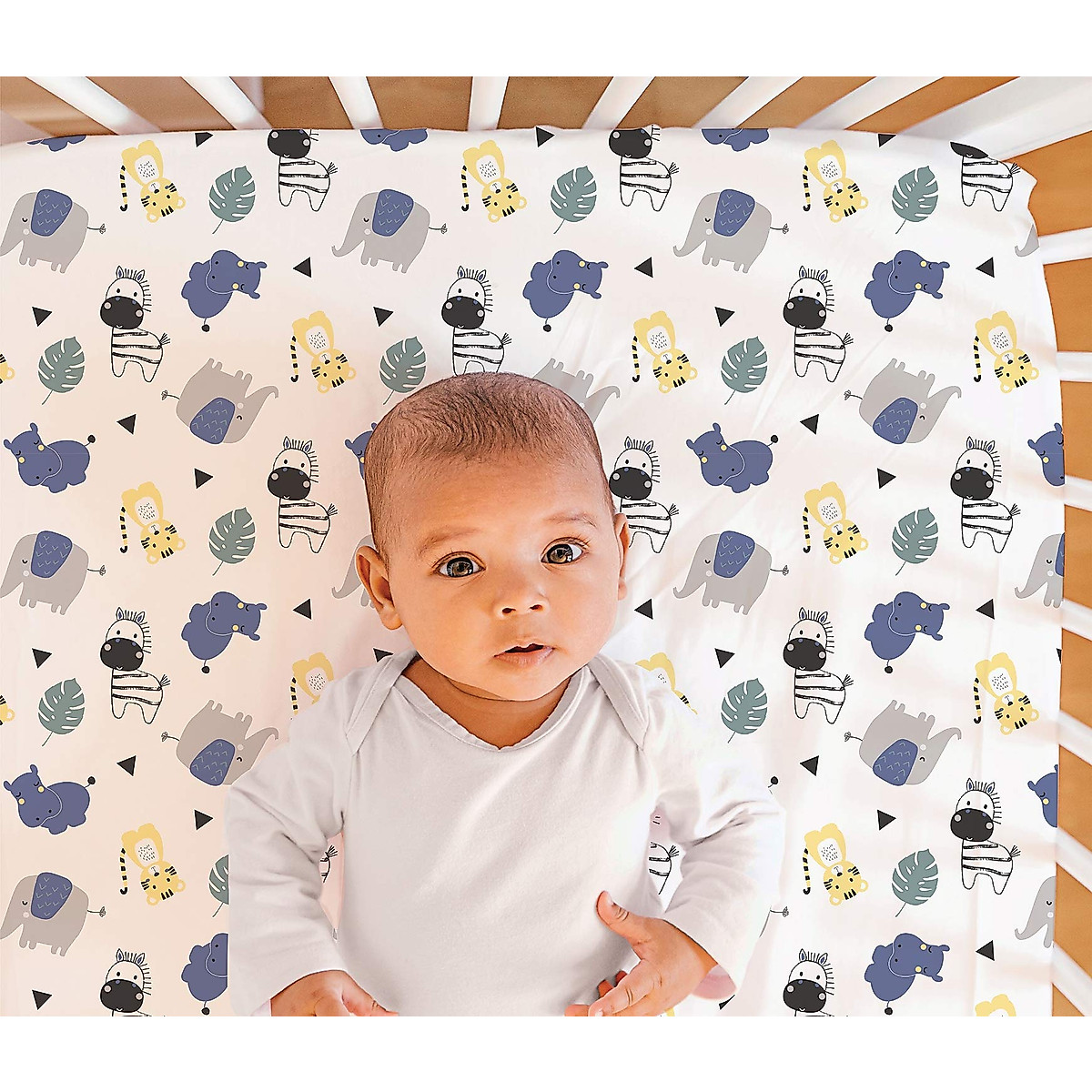 The Peanutshell Crib Sheet Set for Baby Boys or Girls | Safari Party and Black Chevron Stripes | 2 Pack Set