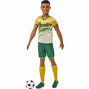 Barbie Soccer Ken Doll with Short Cropped Hair, Colorful #21 Uniform, Cleats, & Tall Socks, Soccer Ball 11.5 inches