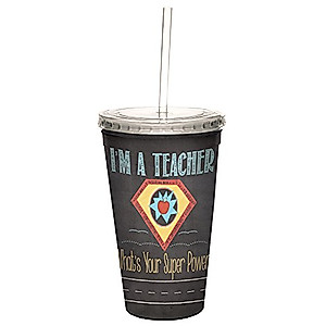 Teacher Super Power Double-Walled Cool Travel Cup with Reusable Straw, 16-Ounce - Teacher Appreciation Week Thank You Gift - Tree-Free Greetings