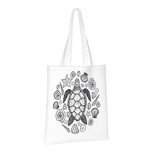 TifyDon Canvas Tote Bag,Tropical Turtle Shells Reusable Large Shopping Shoulder Tote Bag For Women,Sea Art Style Top View Ocean Boho Doodle Tribal Artwork Carapace Beach Tote Bags Bulk