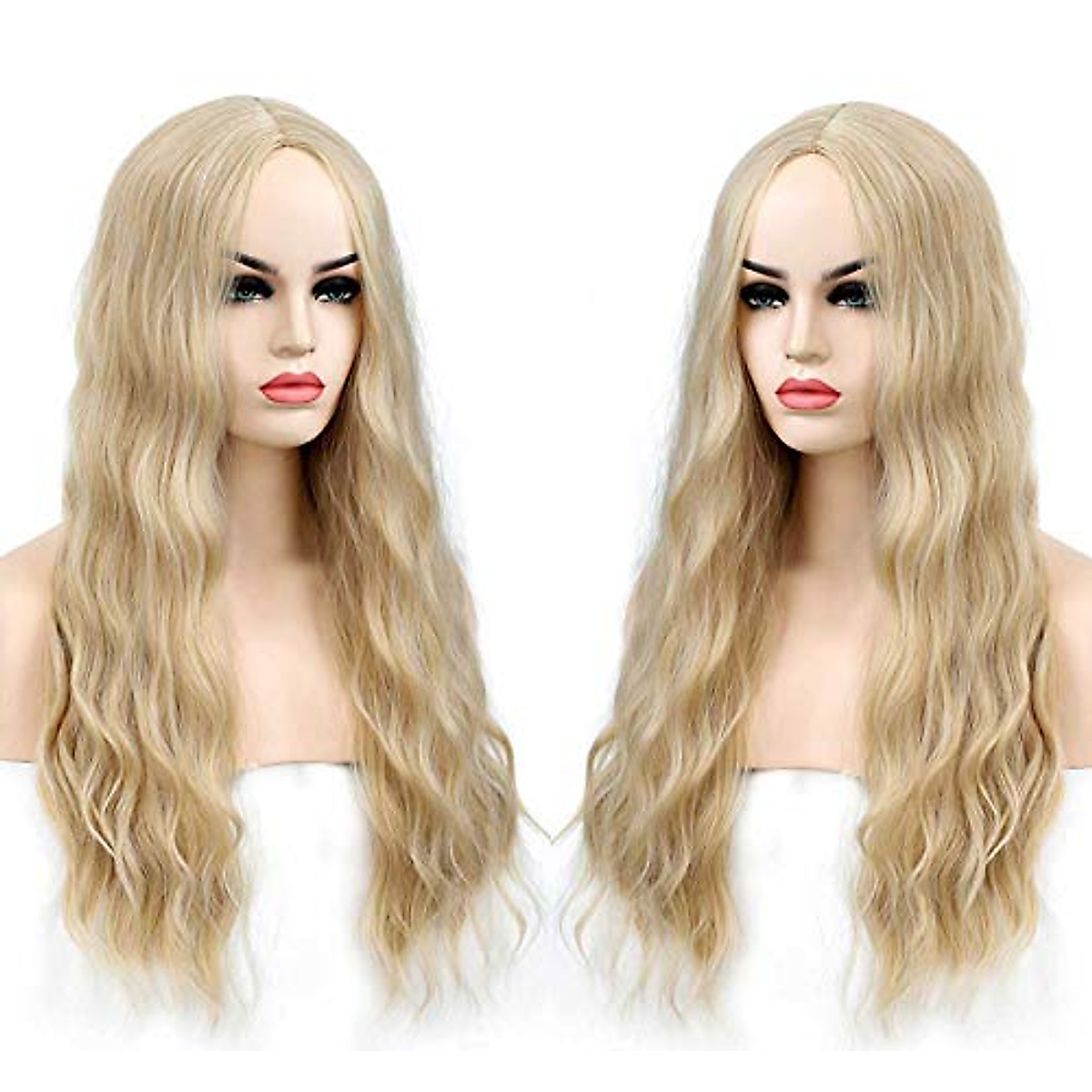 SHINYSHOW 26 inches Blond 613 long Wavy Wig Middle Part Synthetic Halloween Party Cosplay Wig for Women Blonde Wig