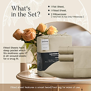 100% Organic Cotton Queen Sheet Set & Standard Pillowcases Set of 2 Combo- 300 Thread Count Long Staple Cotton Sheets,3 Pc Queen Size Sheets & Standard Pillowcases, Sateen Sheets, Breathable - Tan