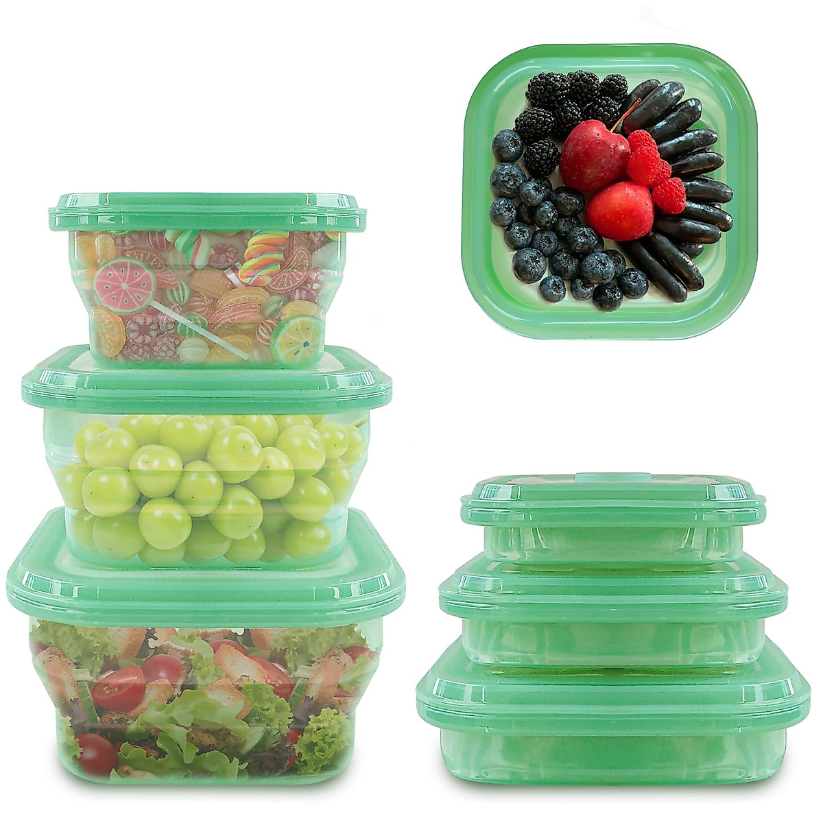 KVK 6 Pack Collapsible Food Storage Containers, Silicone Food Storage Containers With Lids, Green Reusable Collapsible Bowls For Camping, Outdoor Hiking Travel Storage and Mixing