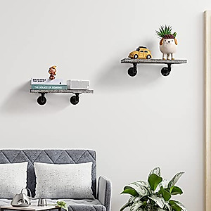 LIANTRAL Floating Wall Shelves, Industrial Pipe Bracket Rustic Farmhouse Hanging Wood Shelf for Bedroom Living Room (2, Gray-Whitewash)
