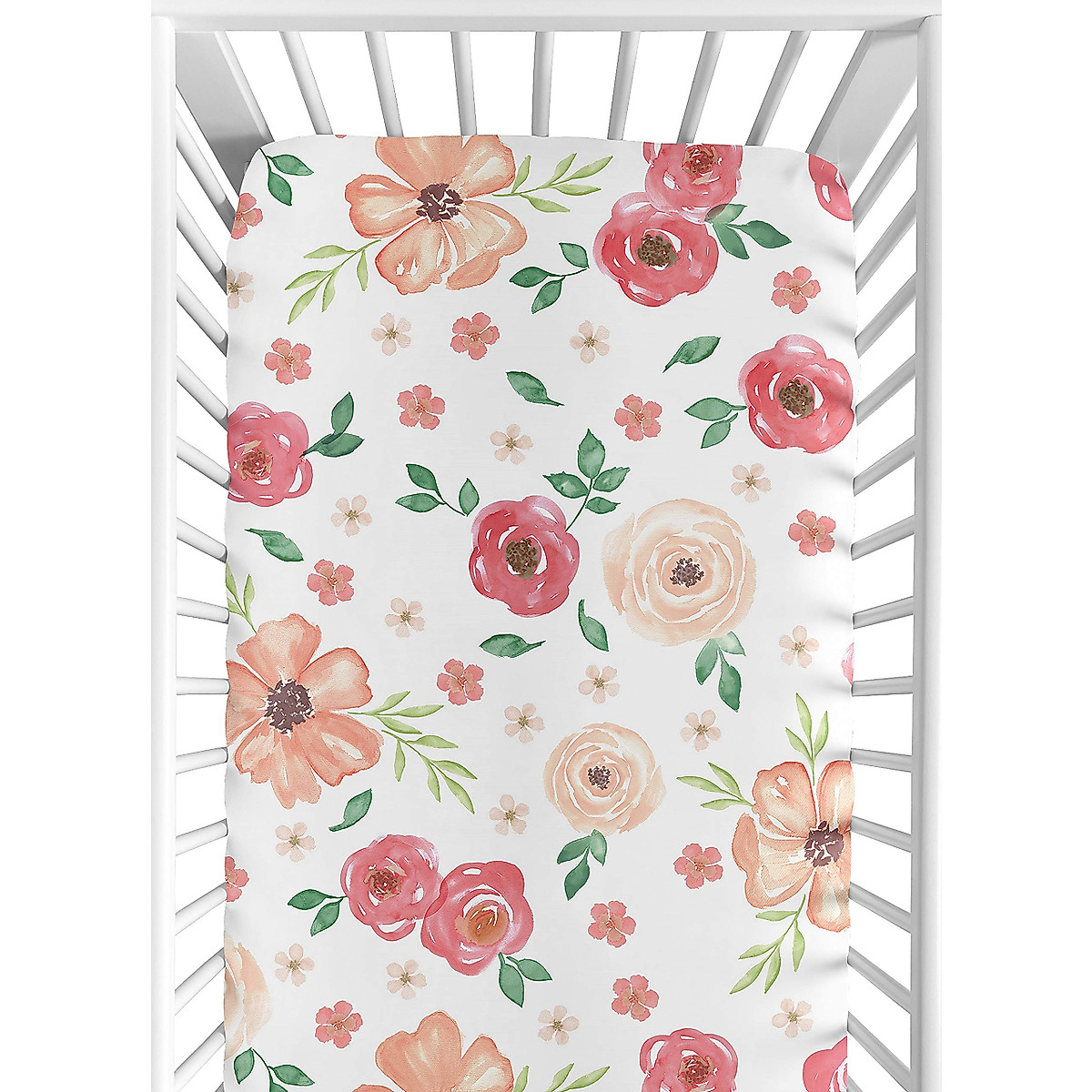 Sweet Jojo Designs Peach and Green Baby or Toddler Fitted Crib Sheet for Watercolor Floral Collection - Pink Rose Flower