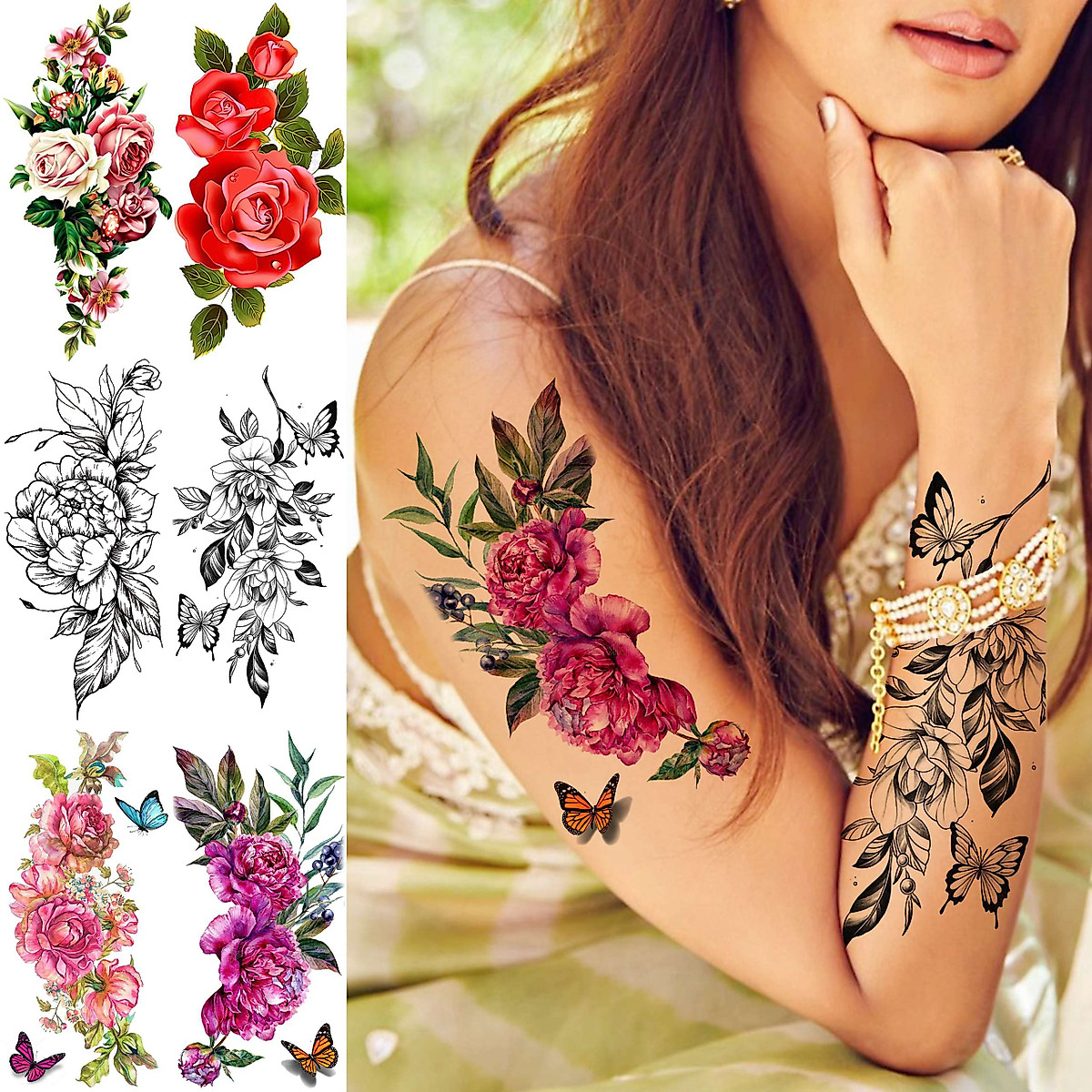 TASROI 18 Sheets Sexy Flower Rose Temporary Tattoos For Women Girls Adults, Women Body Art Fake Arm Tattoo Stickers, Waterproof Moon Butterfly Black Floral Tattoo Temporary Orchid Dahlia Neck Tatoos