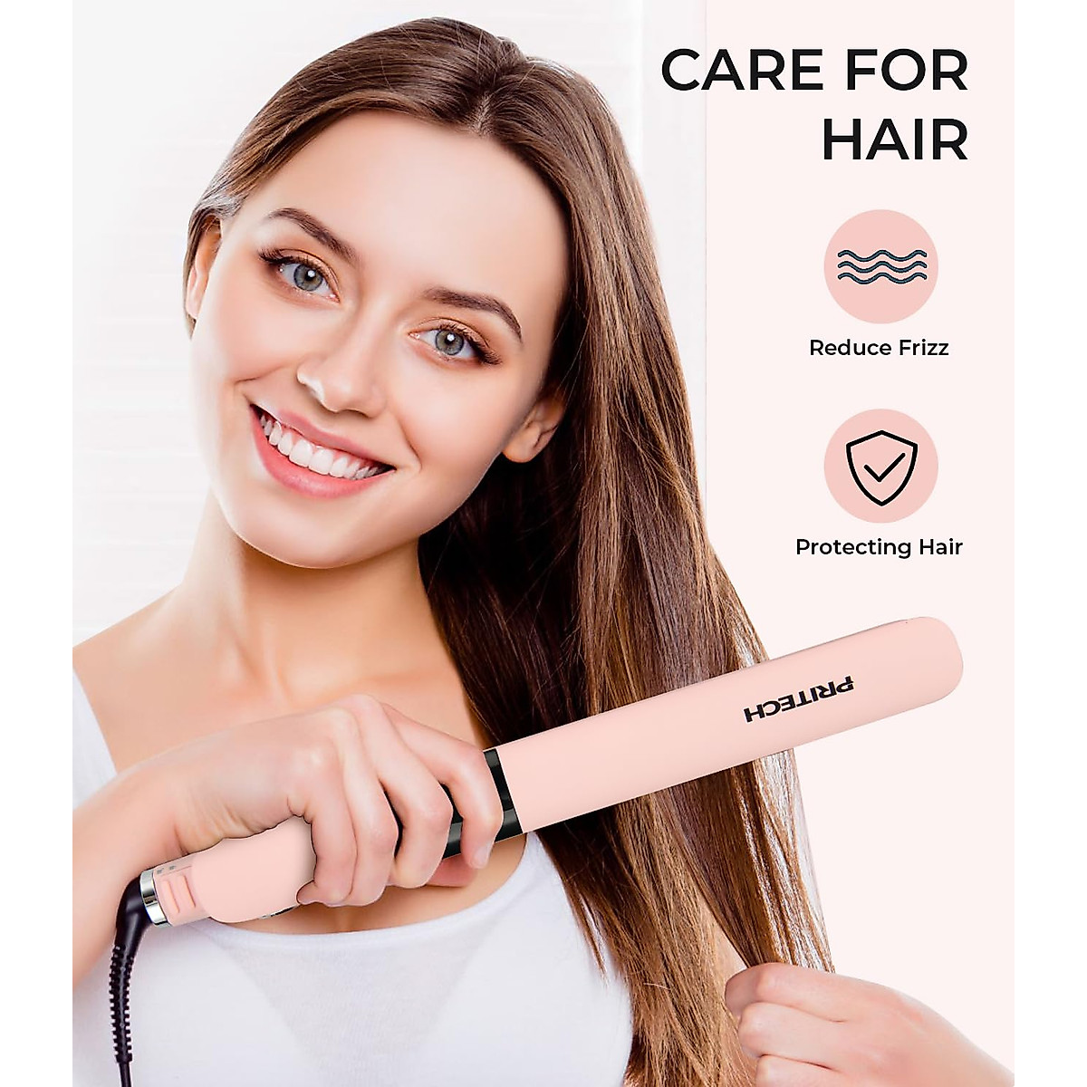 PRITECH Flat Iron Hair Straightener, Titanium Flat Iron with Adjustable Temp(290°F-450°F), 1 inch Plate for All Hairstyles Anti-Scald Dual Voltage Straightening and Curler 2 in 1 (Pink)