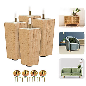 Yes4All 4.5 Inches Square Wood Furniture Legs Set of 4 - Wooden Replacement Feet for Couch, Bed, Bench - Adjustable Sofa, Ottomans Tapered Leg with Leveler - Nature Rubber Wood Parts for Table, Chair