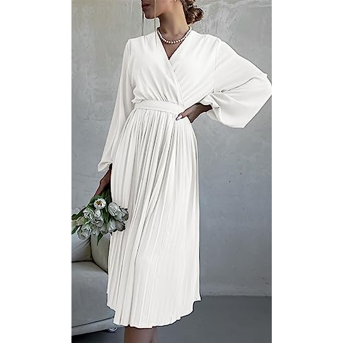 PRETTYGARDEN Women's Fall Midi Dress Long Puff Sleeve Wrap V Neck Flowy Ruffle Pleated Casual Dresses (White,Large)