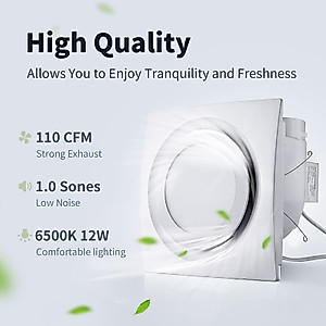 Zeyzer Bathroom Exhaust Fan with Light LED Square Quiet Ceiling Mount Ventilation Fan Combination for Bathroom/Shower/Restroom/Home/Office, 110 CFM 1.0 Sones 4 Inches Duct 110V, White