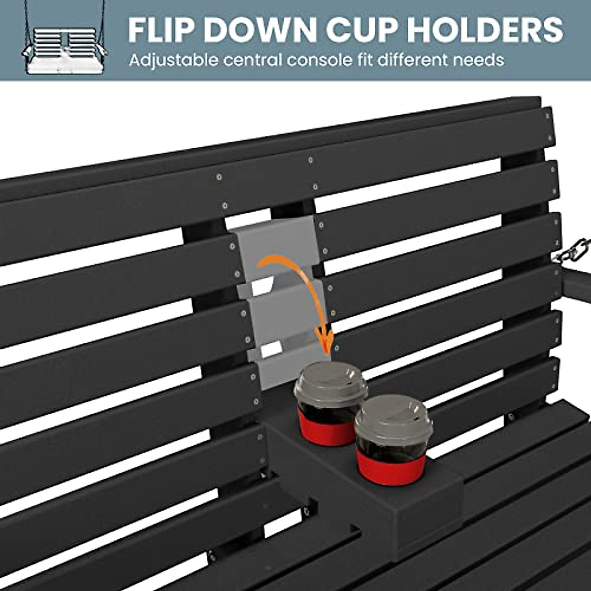 KINGYES Outdoor Hanging Porch Swing, 2 Seat Patio Swing Chair with Cup Holders, Waterproof Swing Chair Bench for Courtyard & Garden, 660LBS Weight Capacity, Black