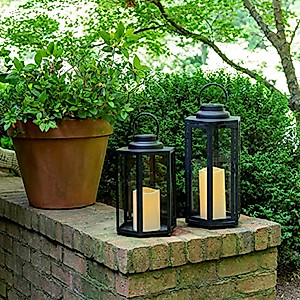Large Solar Candle Lantern - 18 Inch Tall, Glass Panels, Matte Black Metal Frame, Waterproof Flameless Pillar Candle, Dusk to Dawn Timer, Large Size for Floor or Patio, Fall Decor, Battery Included