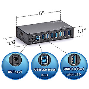 USB 7 Port Hub - Powered USB 3.0 Hub - Aluminum USB Hub -USB Splitter Hub 12V 3A 36W Power Adapter